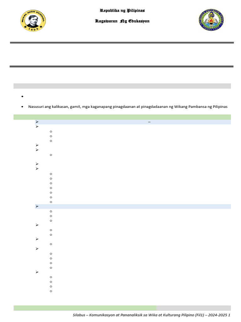 Silabus - Komunikasyon at Pananaliksik Sa Wika at Kulturang Pililipino FIL1 - TP 202 | PDF