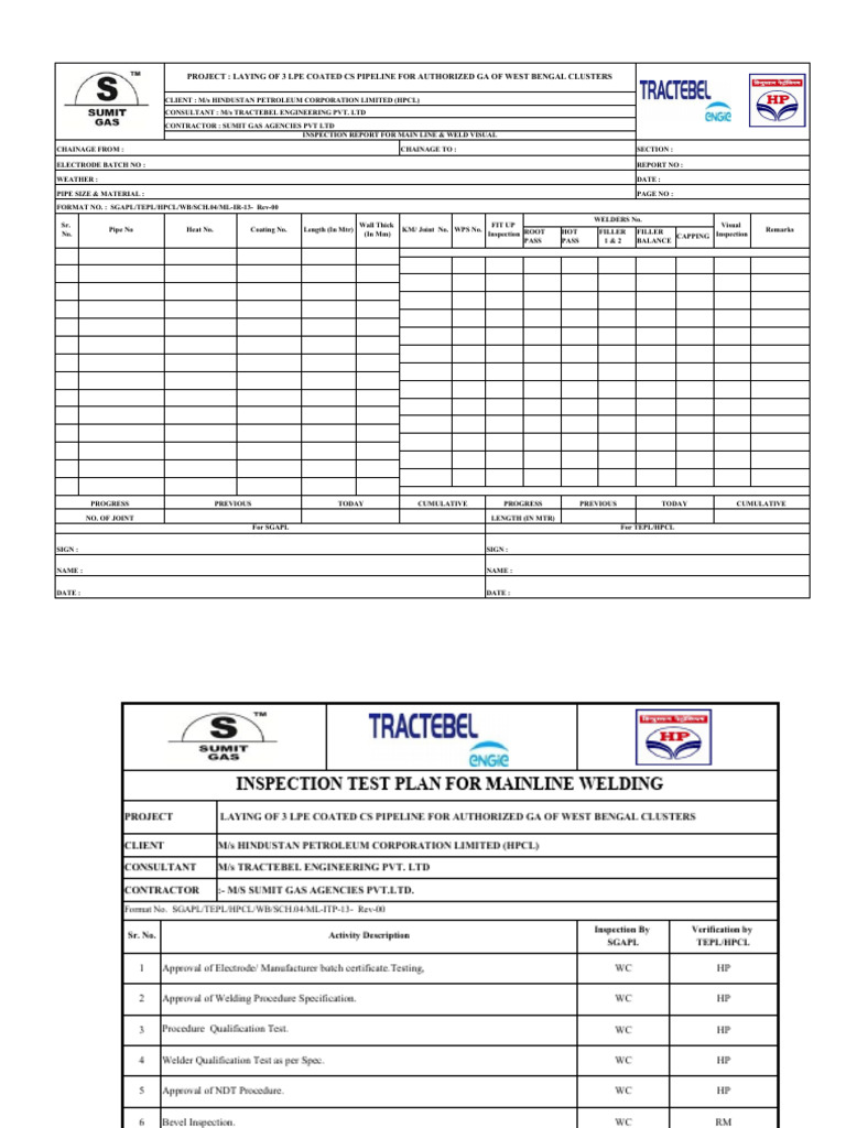 13.mainline Welding Itp & Ir | PDF | Welding | Construction