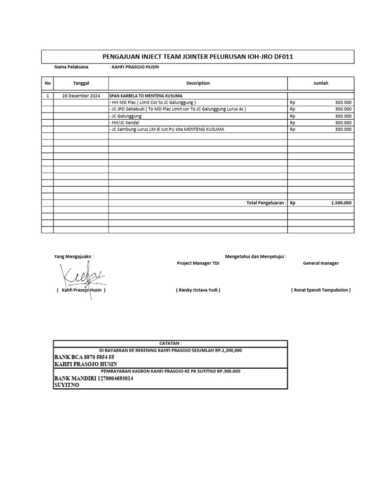 Pengajuan Inject Team Pelurusan IOH-JRO DF011 26 Desember 2024.Pdf_copy | PDF