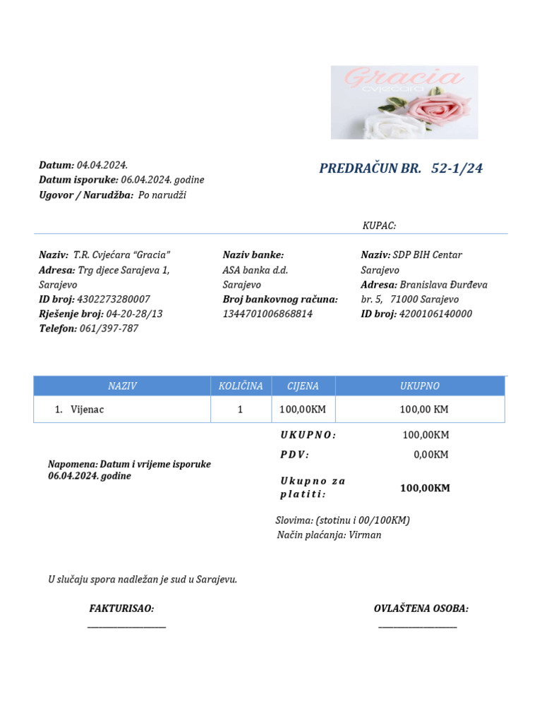 Predračun Za Nabavku Vijenca Za Dan 06.04.2024. | PDF