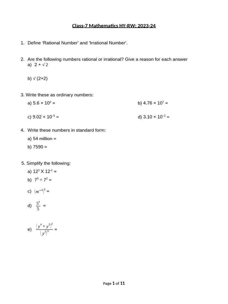 Class-7 Maths HY RW - FINAL | PDF | Elementary Geometry | Classical Geometry