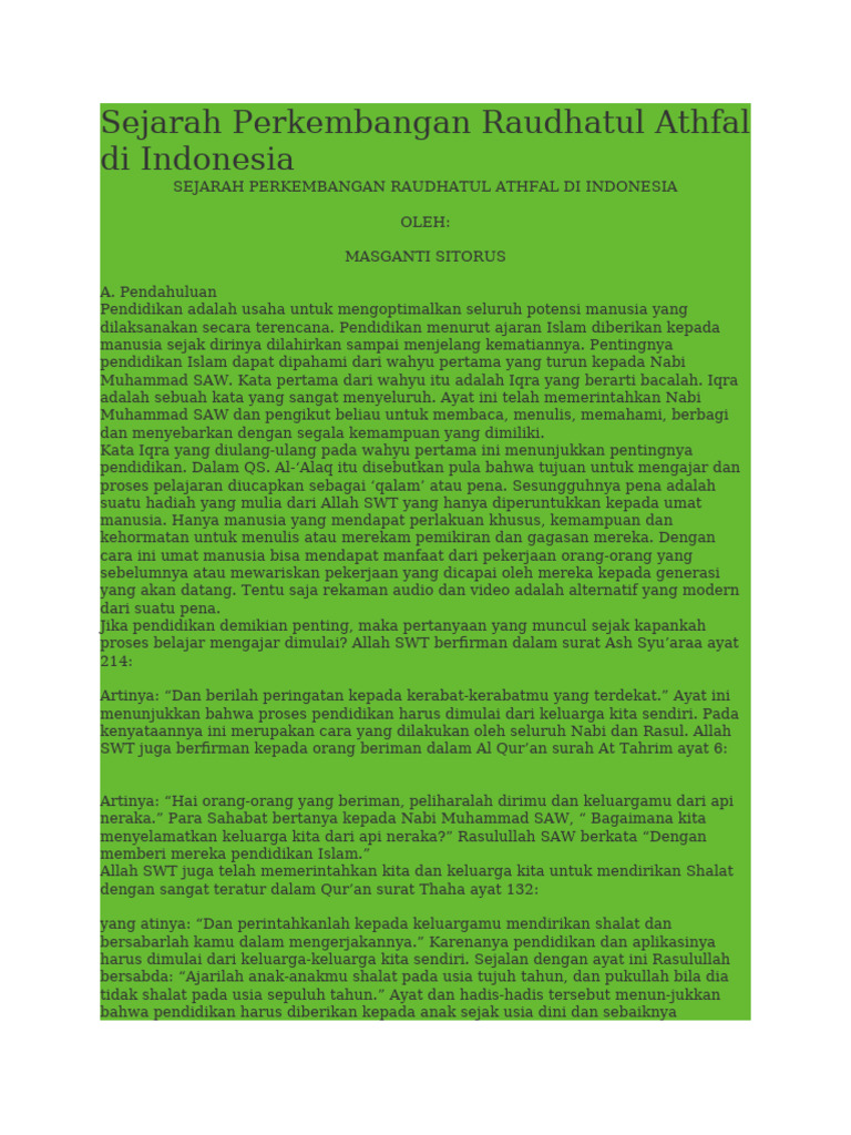 Sejarah Perkembangan Raudhatul Athfal di Indonesia | PDF