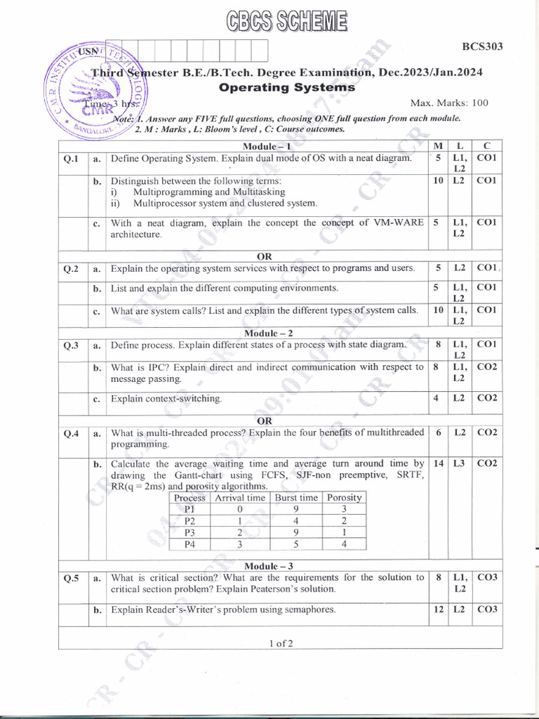 VTU Question Paper of BCS303 Operating Systems Jan-Fab-2024 | PDF