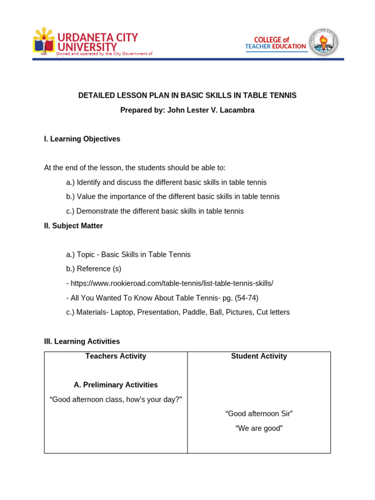 Basic Skills in Table Tennis Lesson Plan | PDF | Table Tennis