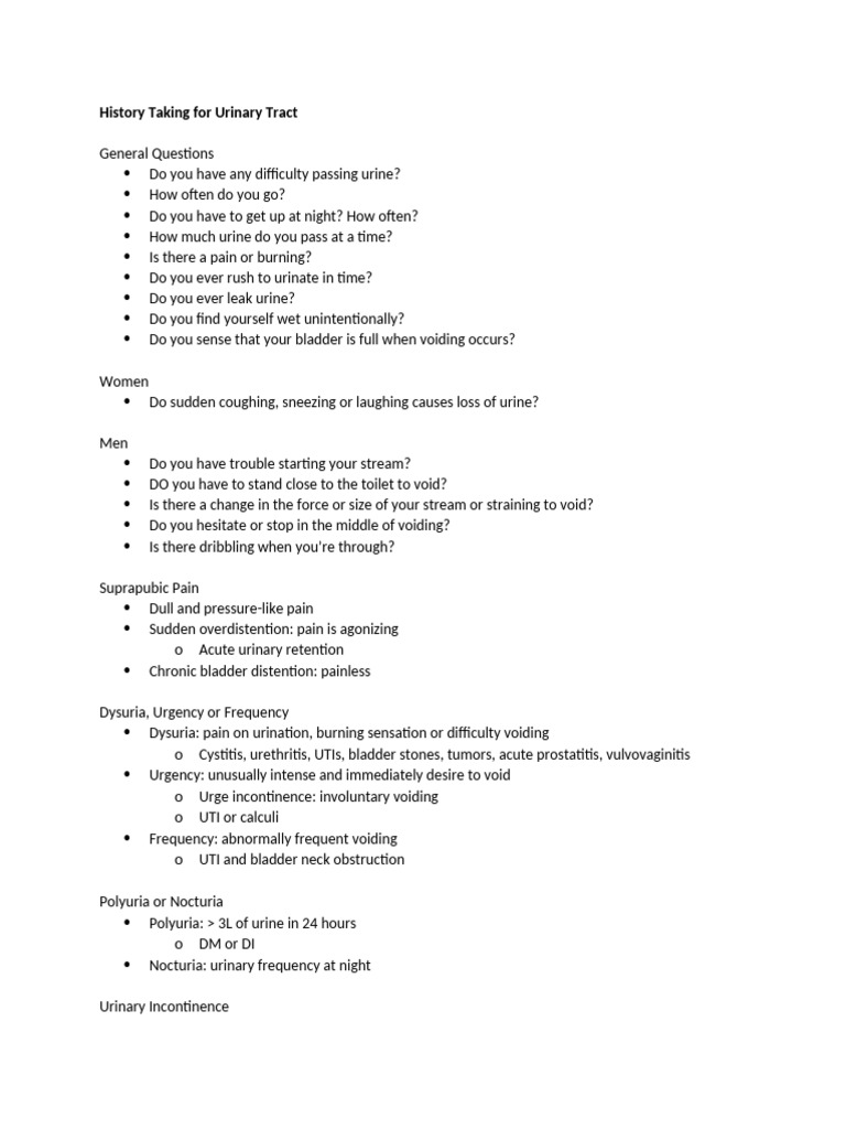 History Taking For Urinary Tract | PDF | Urinary Incontinence | Kidney