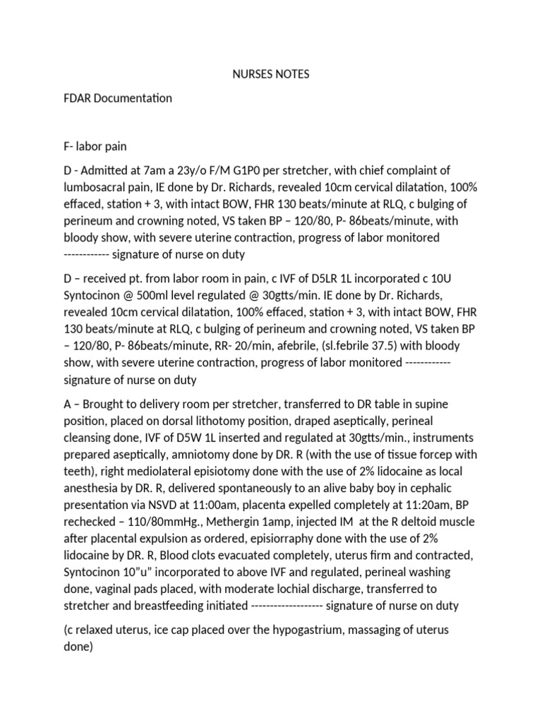 NURSES NOTES FDAR Delivery Room | PDF | Childbirth | Uterus