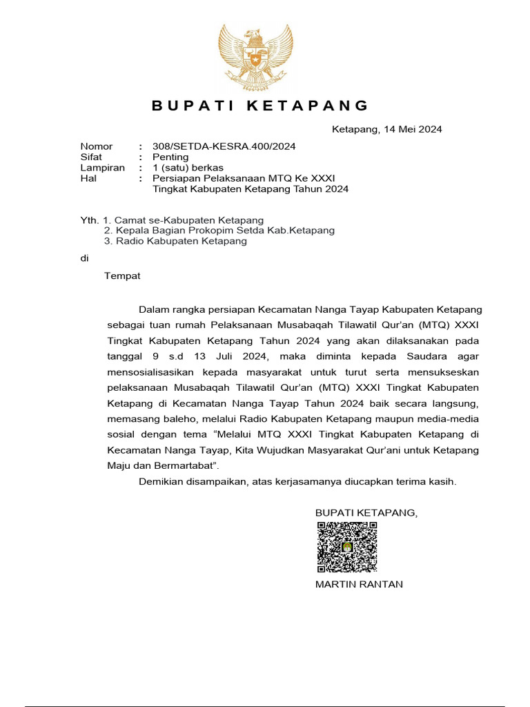 Surat Ke Camat MTQ 2024 sip | PDF