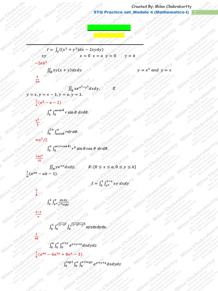 STQ_Module 4_Mathematics-I (Integral Calculus) practice set | PDF ...
