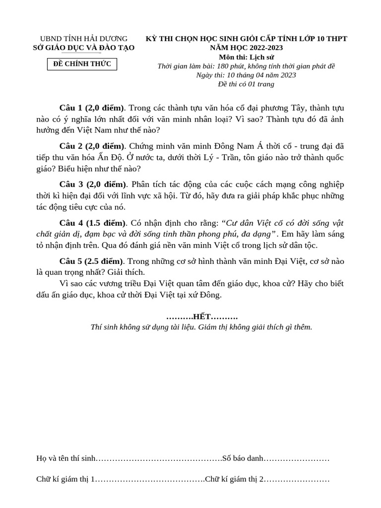 De HSG Su 10 H I Dương Chinh Thuc 2023 | PDF