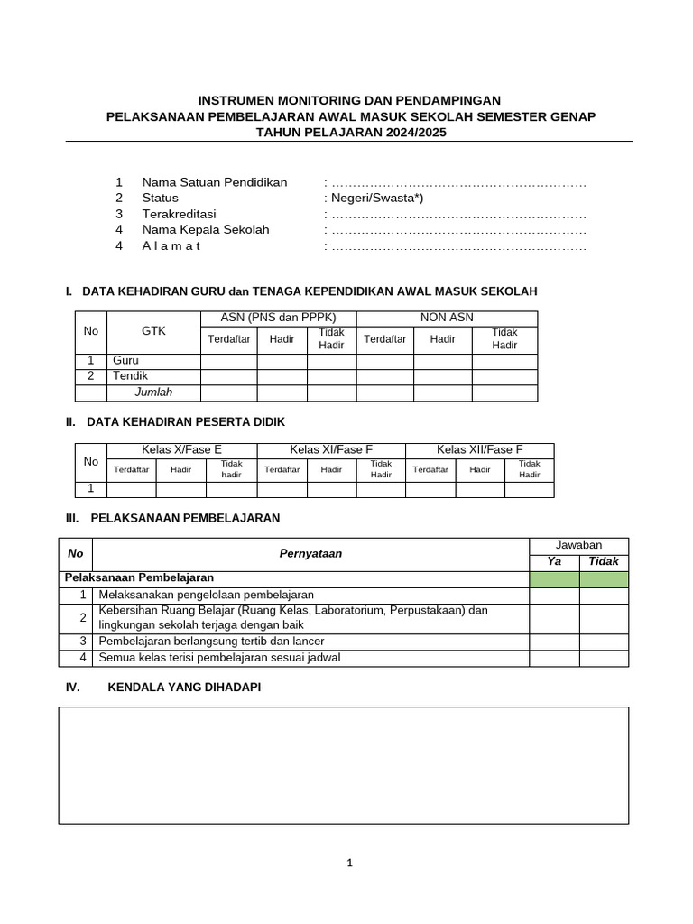 Instrumen Monitoring awal masuk sekolah | PDF