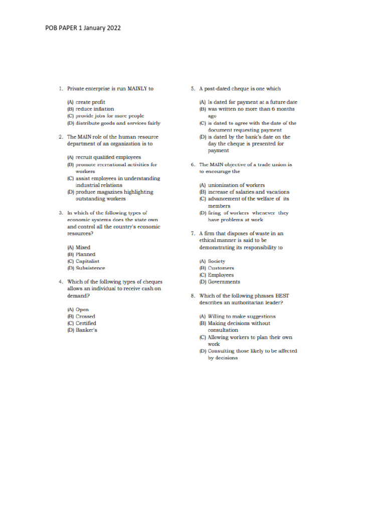 Pob Paper 1 2022 Jan | PDF