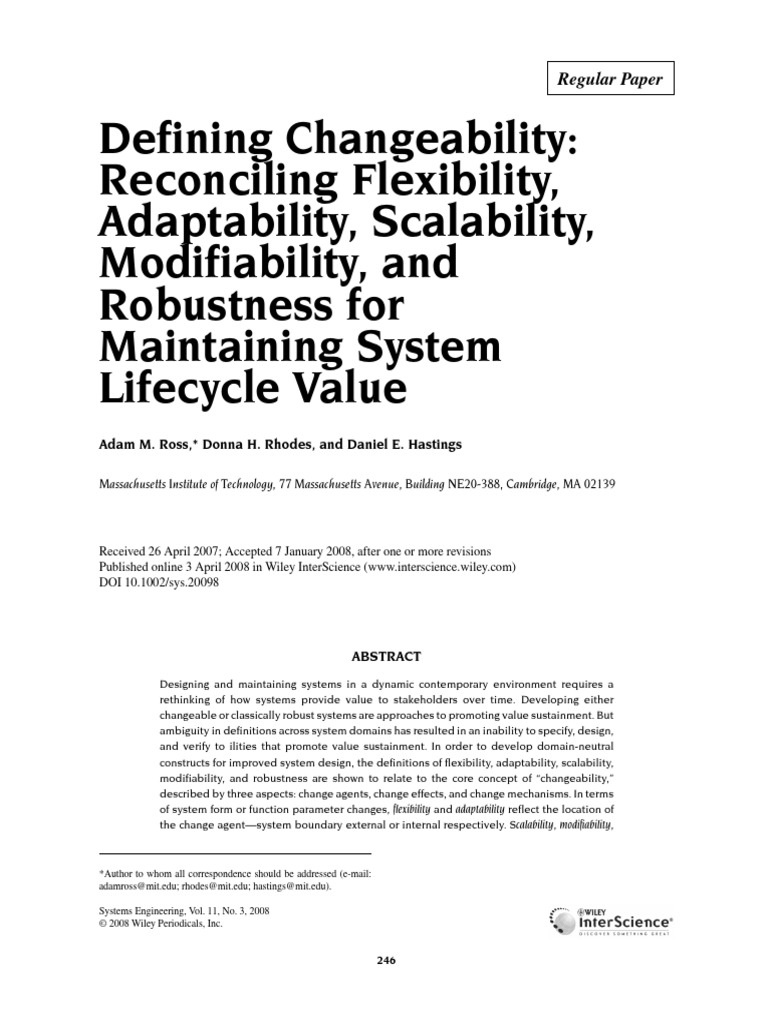 Systems Engineering - 2008 - Ross - Defining changeability Reconciling flexibility adaptability ...