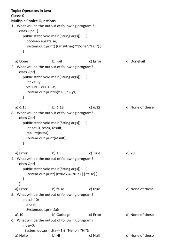 Classs X Operators questions | PDF | Integer (Computer Science) | Boolean Data Type