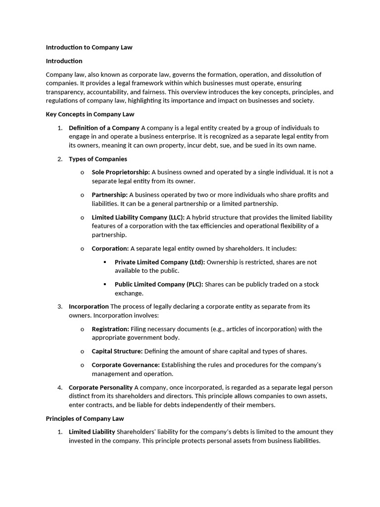 Overview of Company Law Principles | PDF | Corporations | Corporate Law