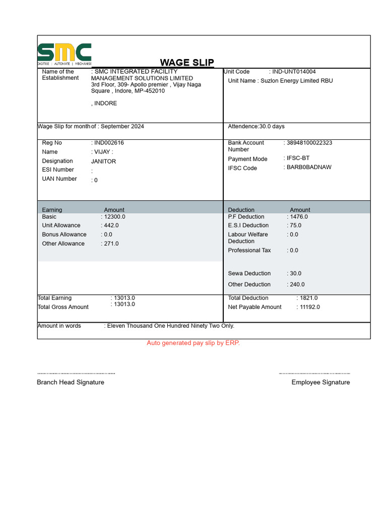 September 2024 Wage Slip for Janitor | PDF