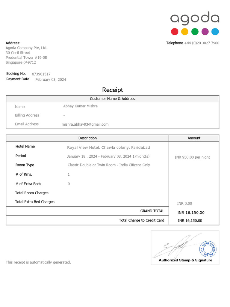 Agoda Booking ID 873791517 - RECEIPT Enclosed | PDF