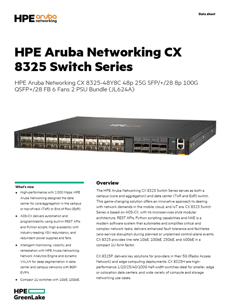 HPE Aruba Networking 8325-48Y8C 48p 25G SFPSFP+SFP28 8p 100G QSFP+QSFP28 Front-to-Back 6 Fans 2 ...