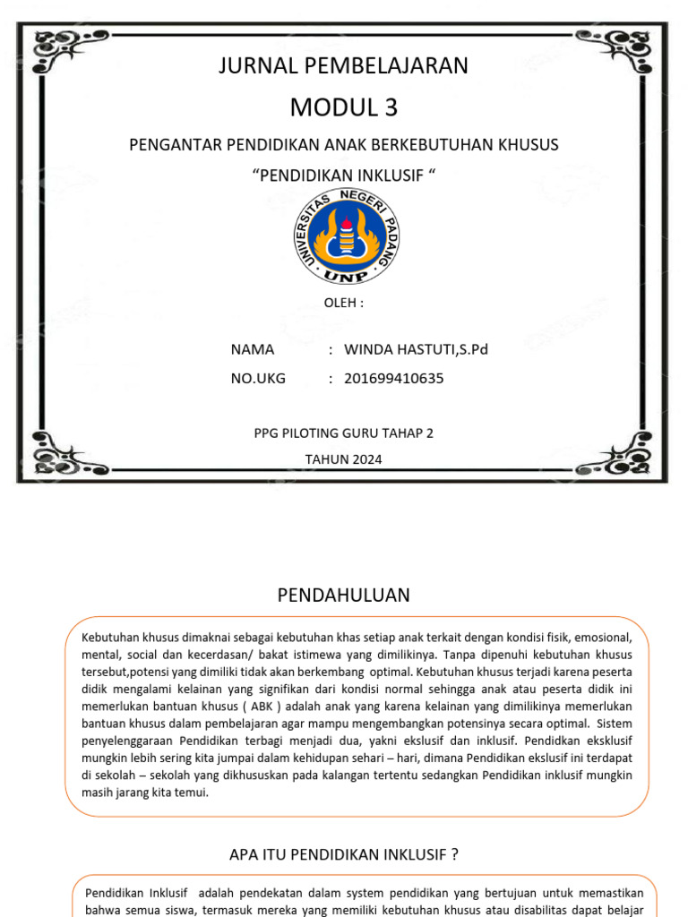 Jurnal Pembelajaran - Modul 3 - Winda Hastuti - Pembelajaran Inklusif | PDF