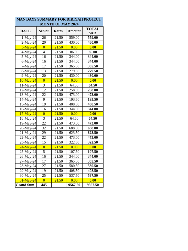 Diriyah Senior Mandays Summary - May 2024 | PDF
