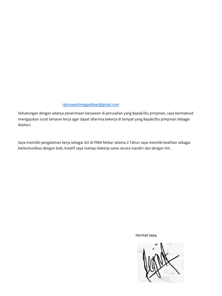 Surat Lamaran Kerja Rahmawati Mega Dewi | PDF