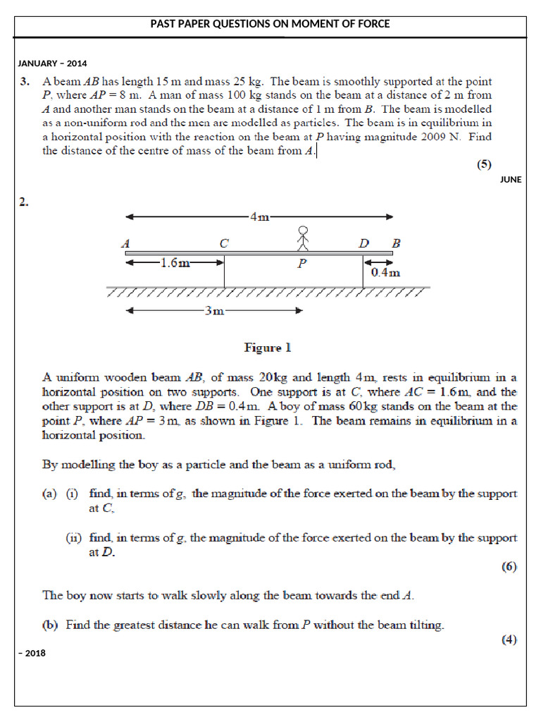 Past Paper Questions on Moment of Force | PDF