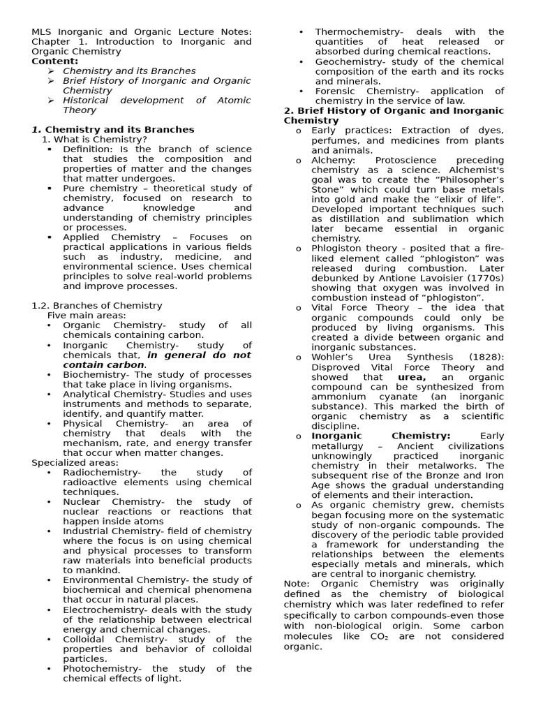 MLS Inorganic & Organic Chemistry Lecture Note 1 | PDF | Chemistry | Atoms