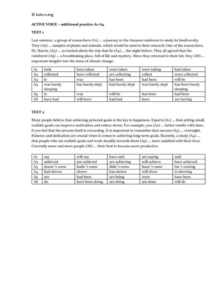 ACTIVE VOICE A1-A4 (additional practice) | PDF