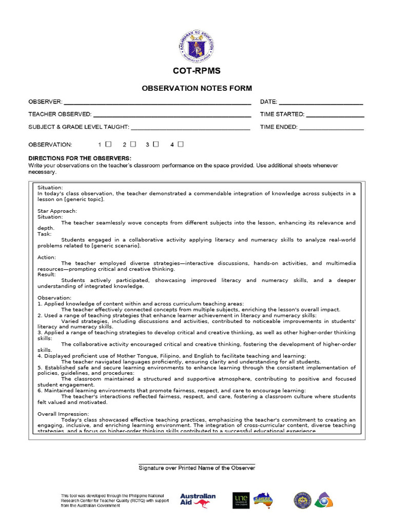 Observation Note STAR Approach | PDF | Teachers | Learning
