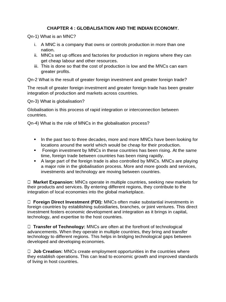CHAPTER 4 Globalisation and The Ind Ian Economy | PDF | Multinational Corporation | Transport