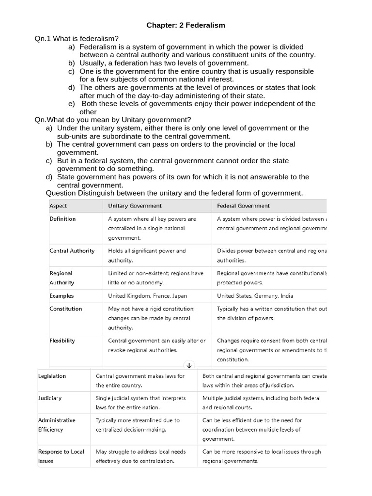 Federalism Full Chapter Questions | PDF | Government | Governance