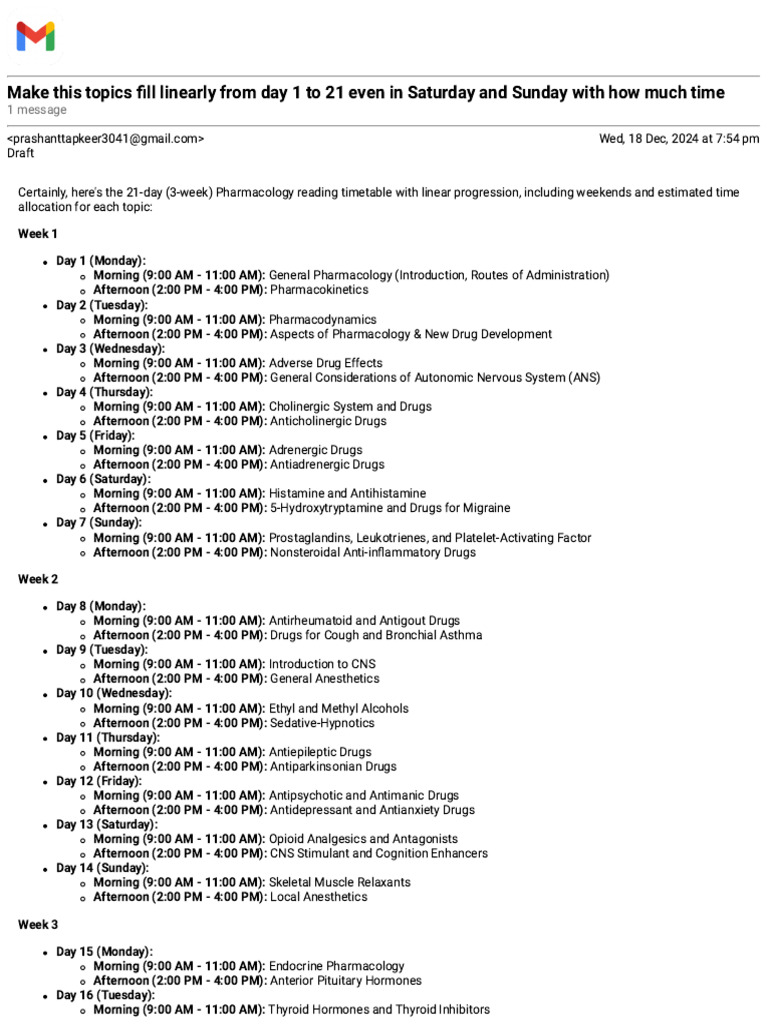 Pharmacology Timetable | PDF | Endocrine System | Pharmacology
