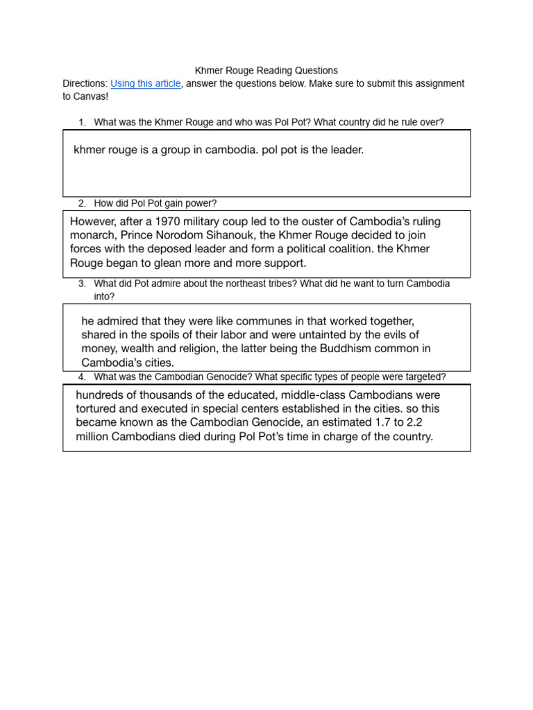 Khmer Rouge Reading Questions | PDF