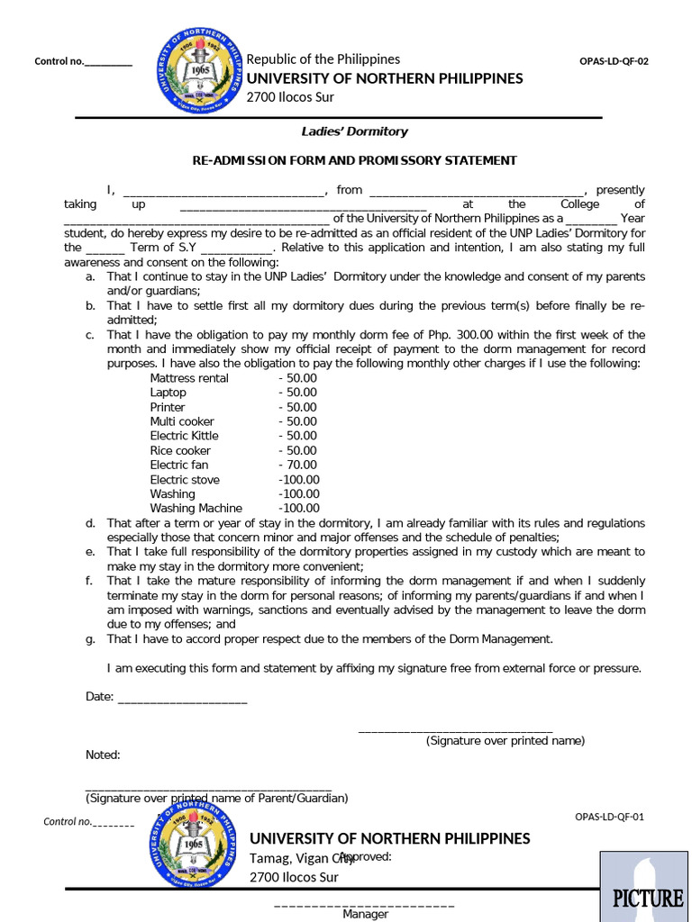 UNP Ladies' Dormitory Re-Admission Form | PDF