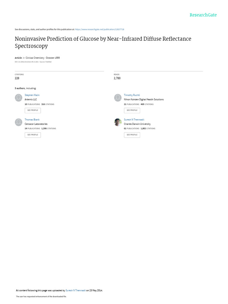 Noninvasive Prediction of Glucose by Near Infrared Diffuse Reflectance Spectroscopy | PDF ...
