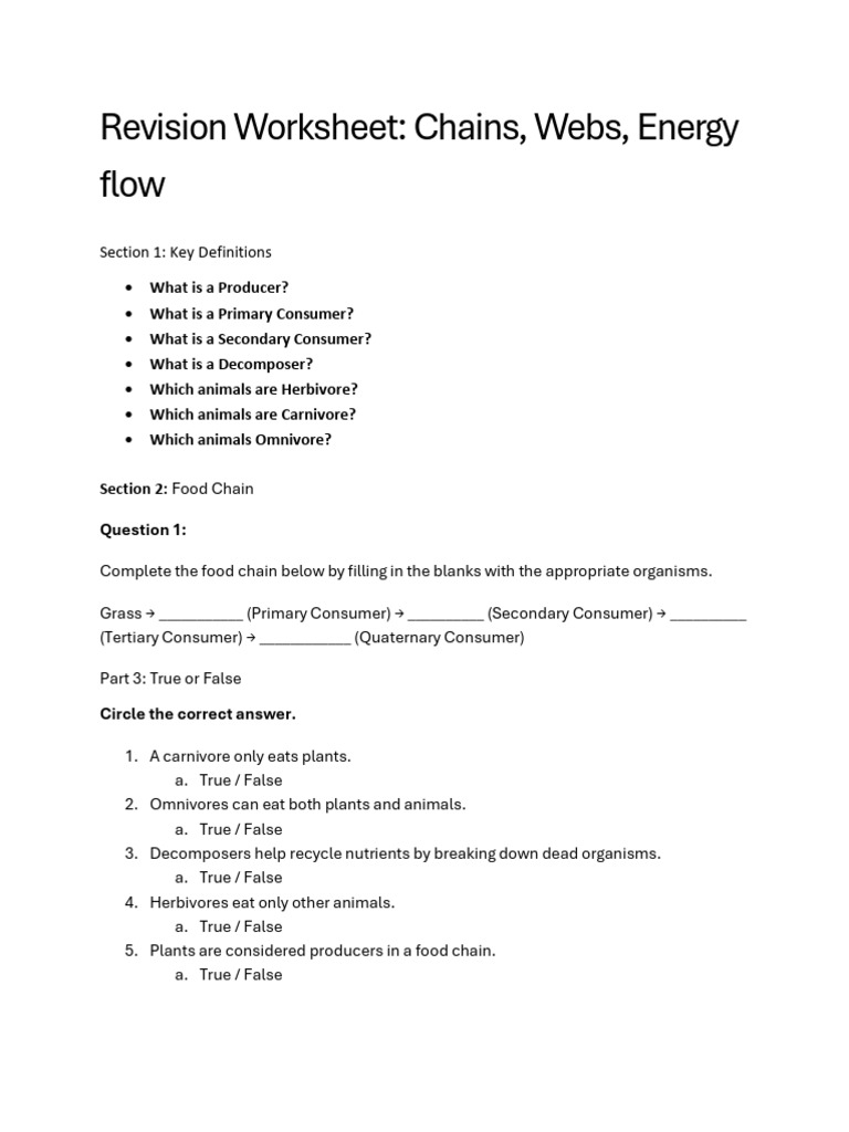 Revision Worksheet Chains, Webs, and Energy Flow | PDF