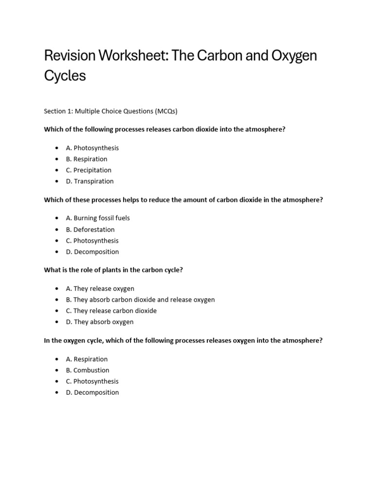 Revision Worksheet Carbon-Oxygen Cycles | PDF