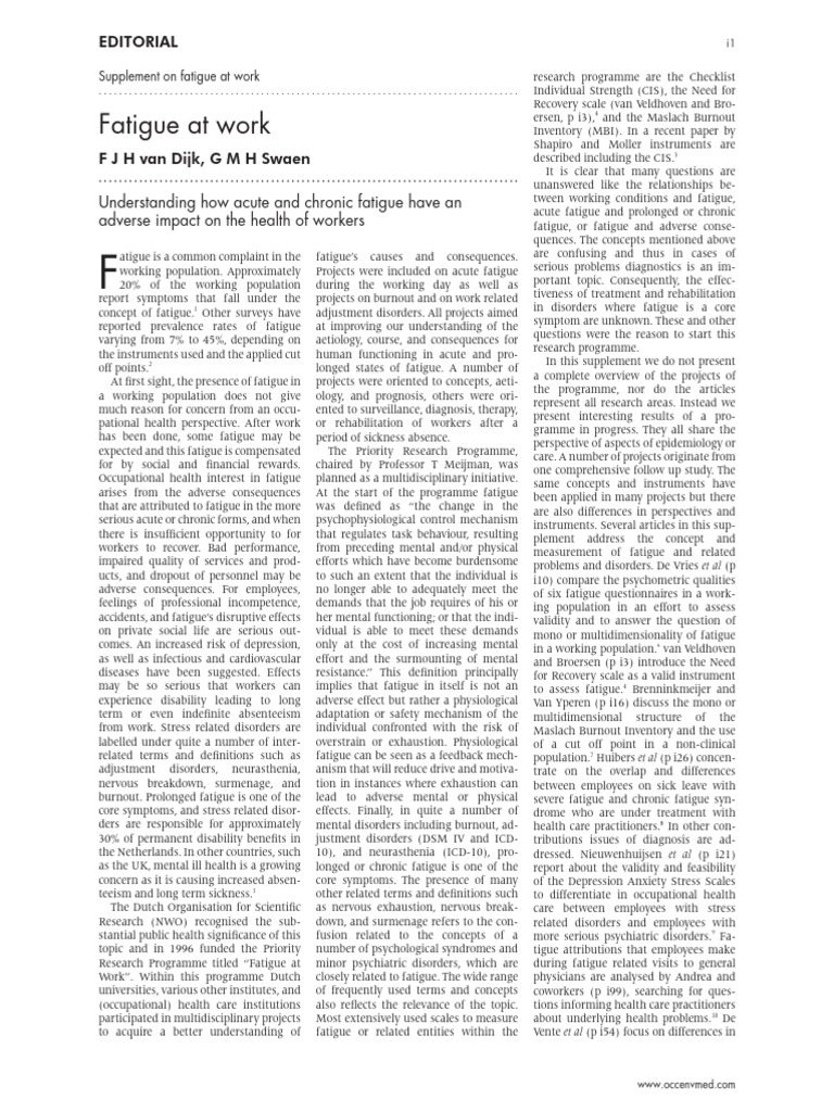 Understanding Fatigue at Work | PDF | Occupational Burnout | Mental ...