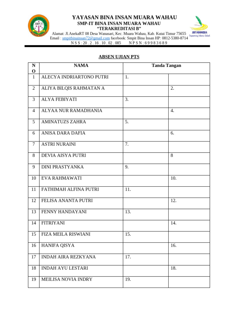 Daftar Absen Ujian PTS | PDF