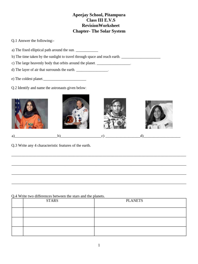 Class III Evs Revision Worksheet | PDF | Planets | Earth