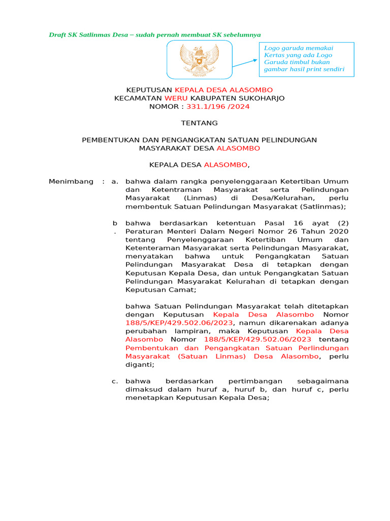 DRAFT SK LINMAS 2024 (Desa - Sudah Membuat SK Sebelumnya) | PDF