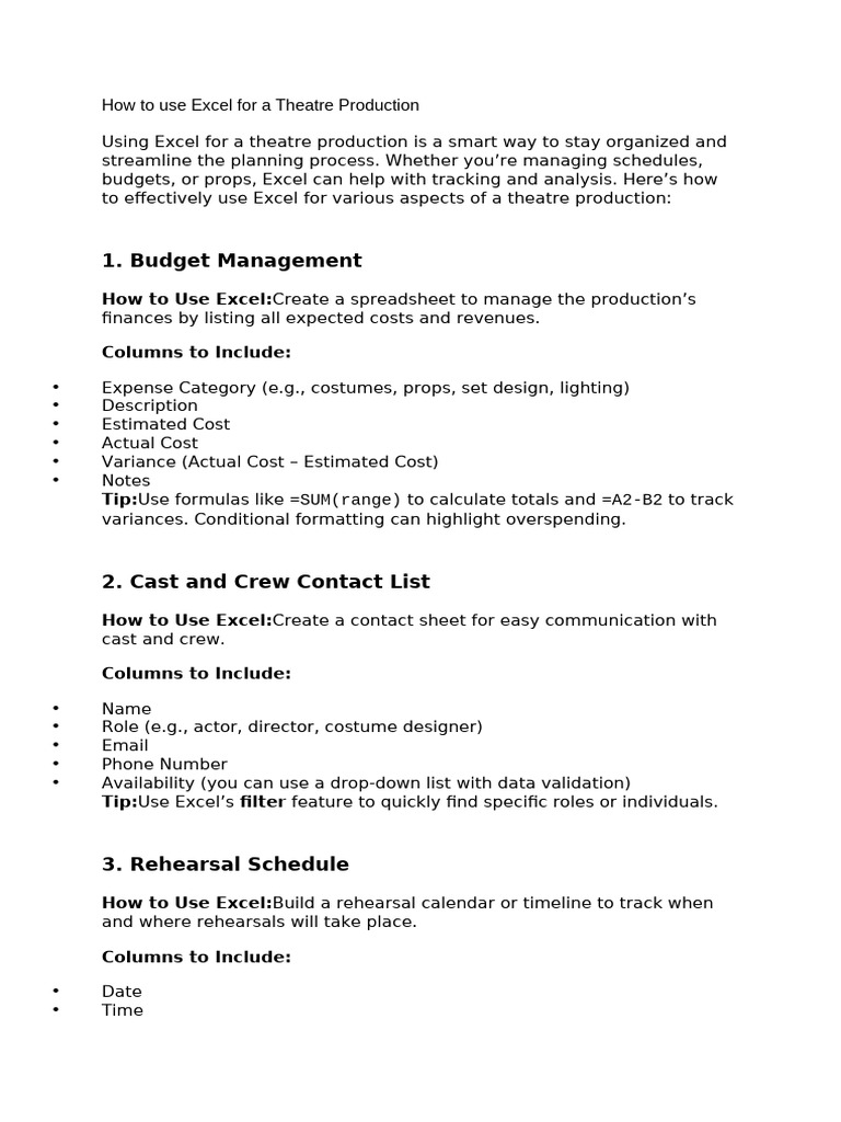 Excel Guide for Theatre Production | PDF | Microsoft Excel | Spreadsheet