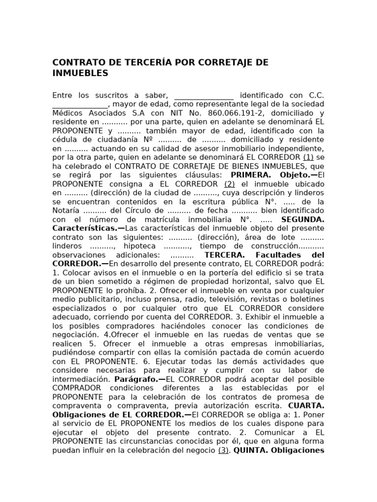 Contrato de Corretaje Por Tercería - Modelo | PDF