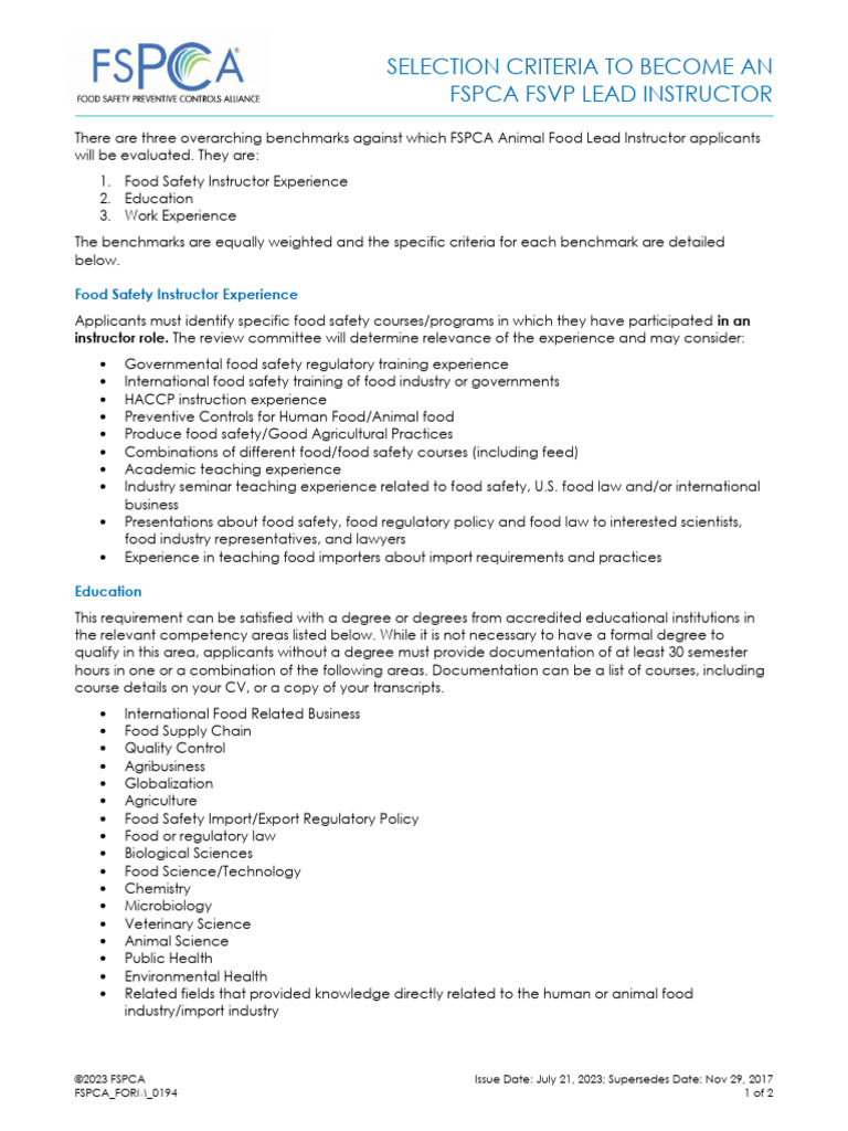 FSPCA - FORM - 0194 - FSVP LI Selection Criteria - 2023 07 21 | PDF ...