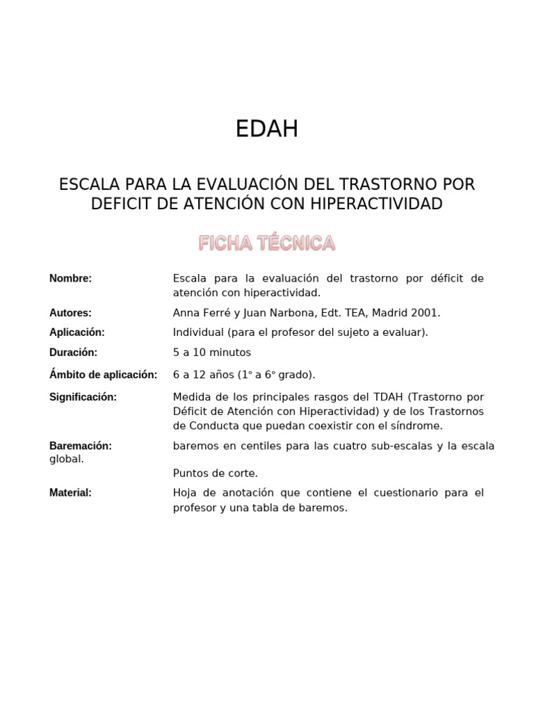Edah Escala para La Evaluacion Del Trast | PDF | Desorden hiperactivo y deficit de atencion ...