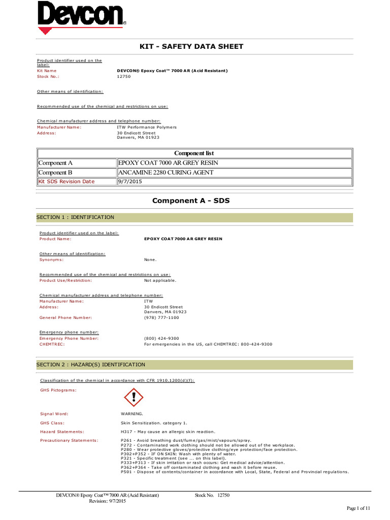 DEVCON Epoxy Coat 7000 AR SDS | PDF | Allergy