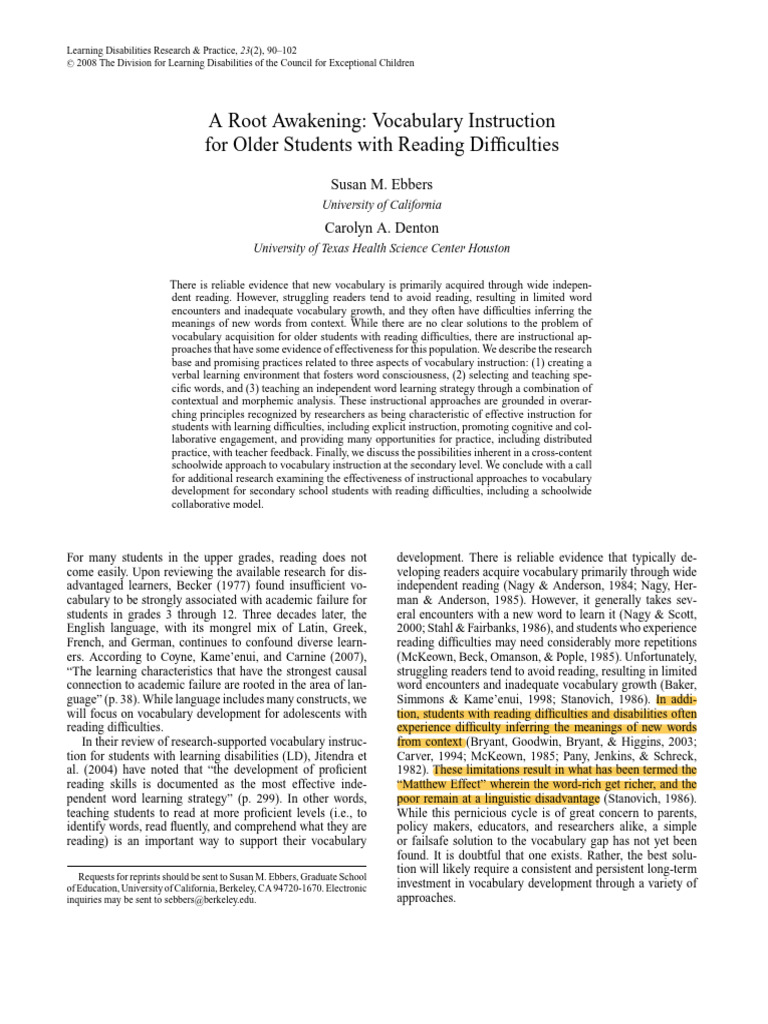 Ebbers, S. M., - Denton, C. A. (2008) - A Root Awakening Vocabulary Instruction For Older ...