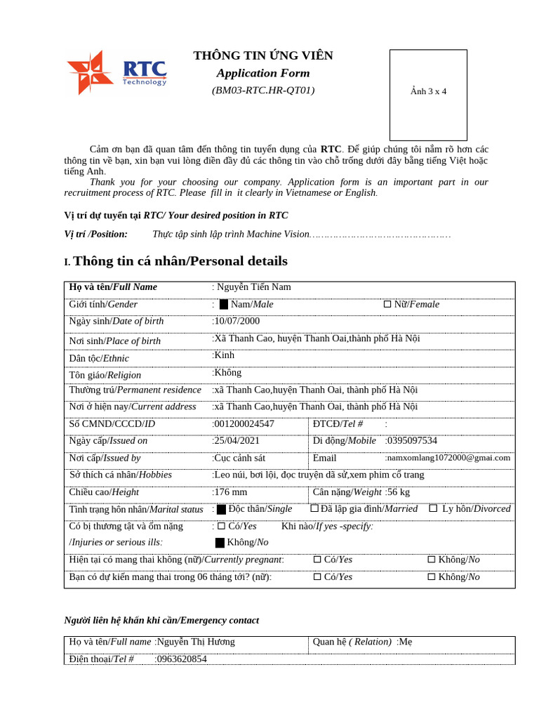 BM03-RTC - hr-qT01 To Khai Thong Tin UV Nguyen Tien Nam | PDF