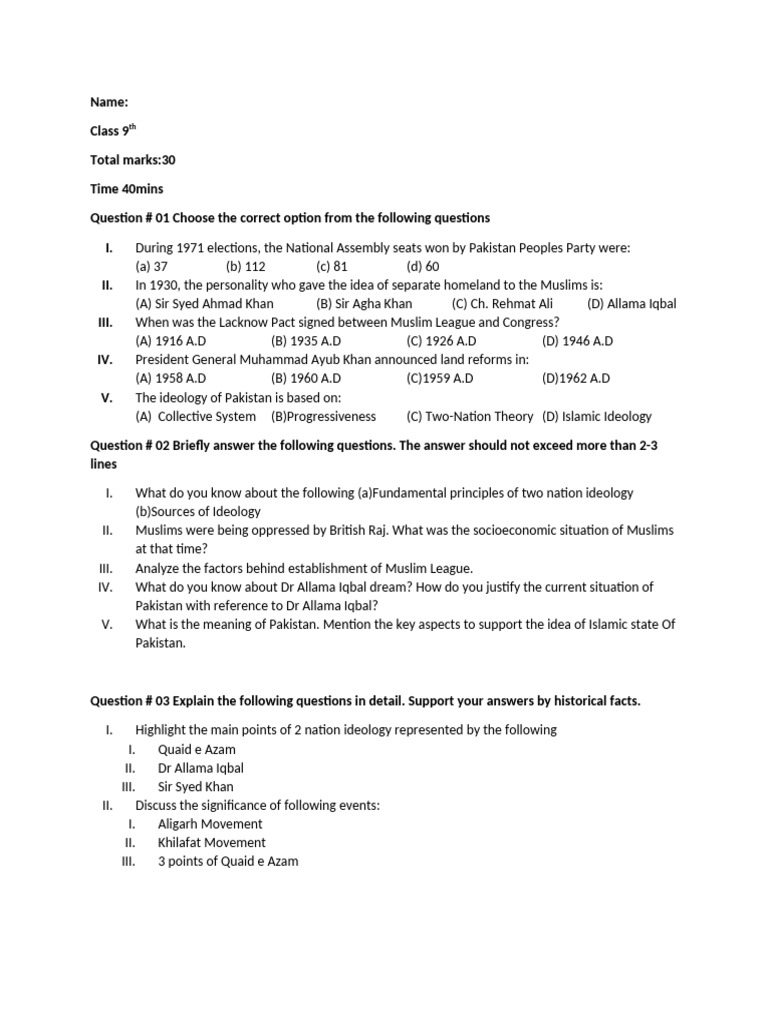 Class 9th & 10 | PDF | All India Muslim League | Pakistan