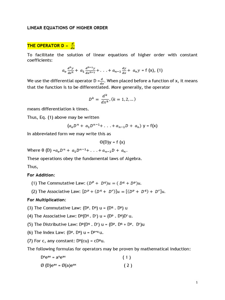 Solving Higher Order Linear Equations | PDF | Differential Calculus ...