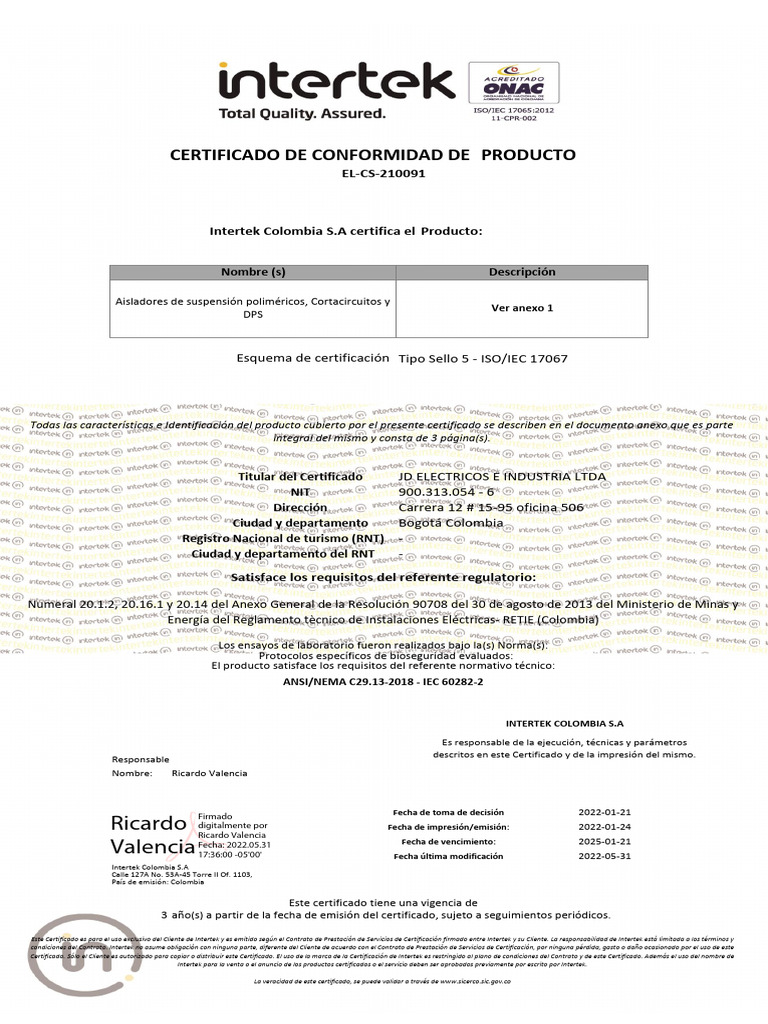 Certificado Pruebas Cortacircuitos Pararrayos y Dps | PDF | Colombia